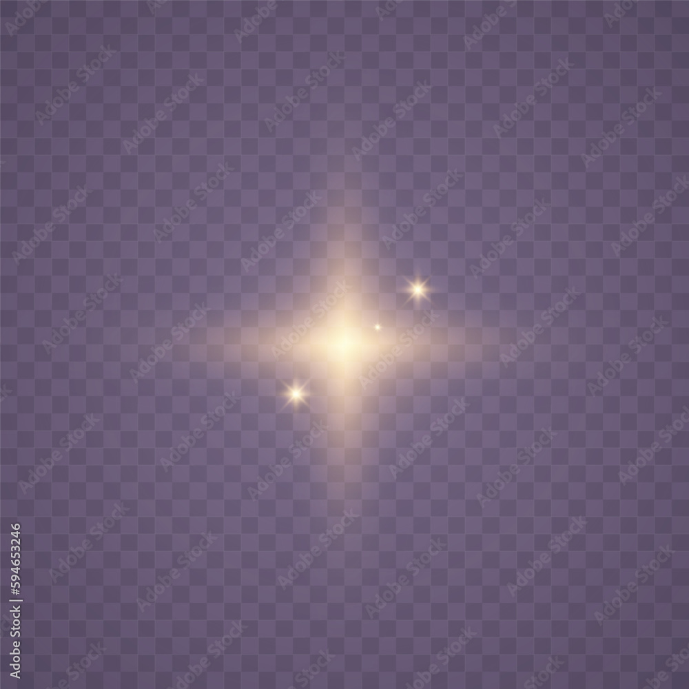 Sun rays png. Set of realistic sparkling golden star lit and blinking on transparent background ...