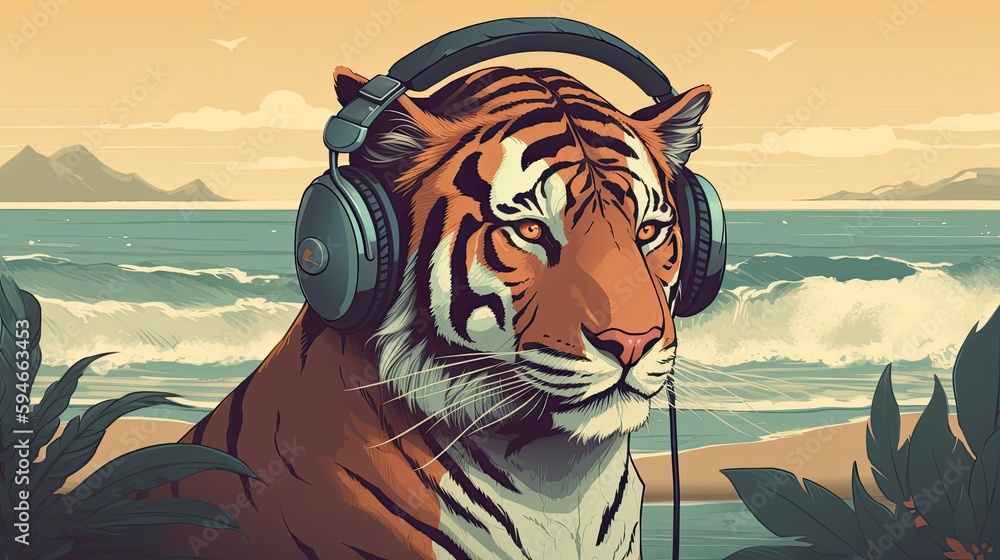 Tiger with headphones. Cute mammal listen music illustration. Animal ...