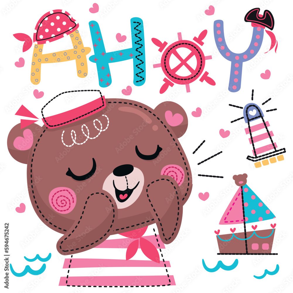 Cartoon cute teddy bear girl in a sailor costume saying "ahoy" isolated ...