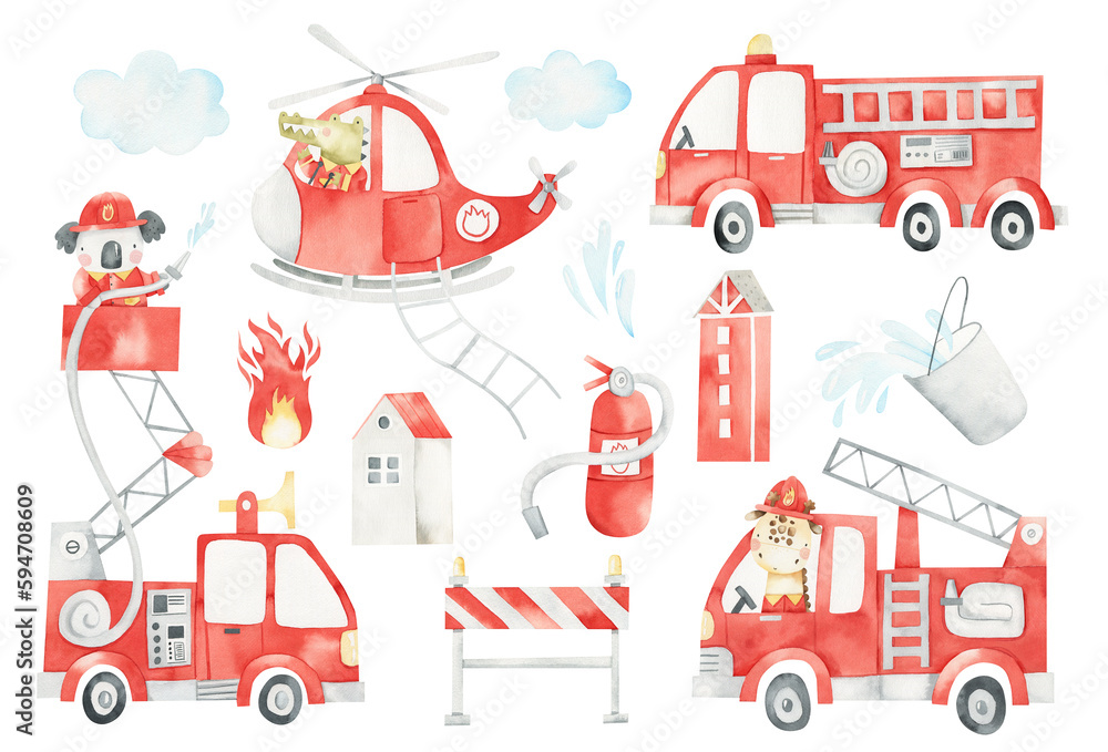 Watercolor hand-drawn illustration of cute firefighter animals ...