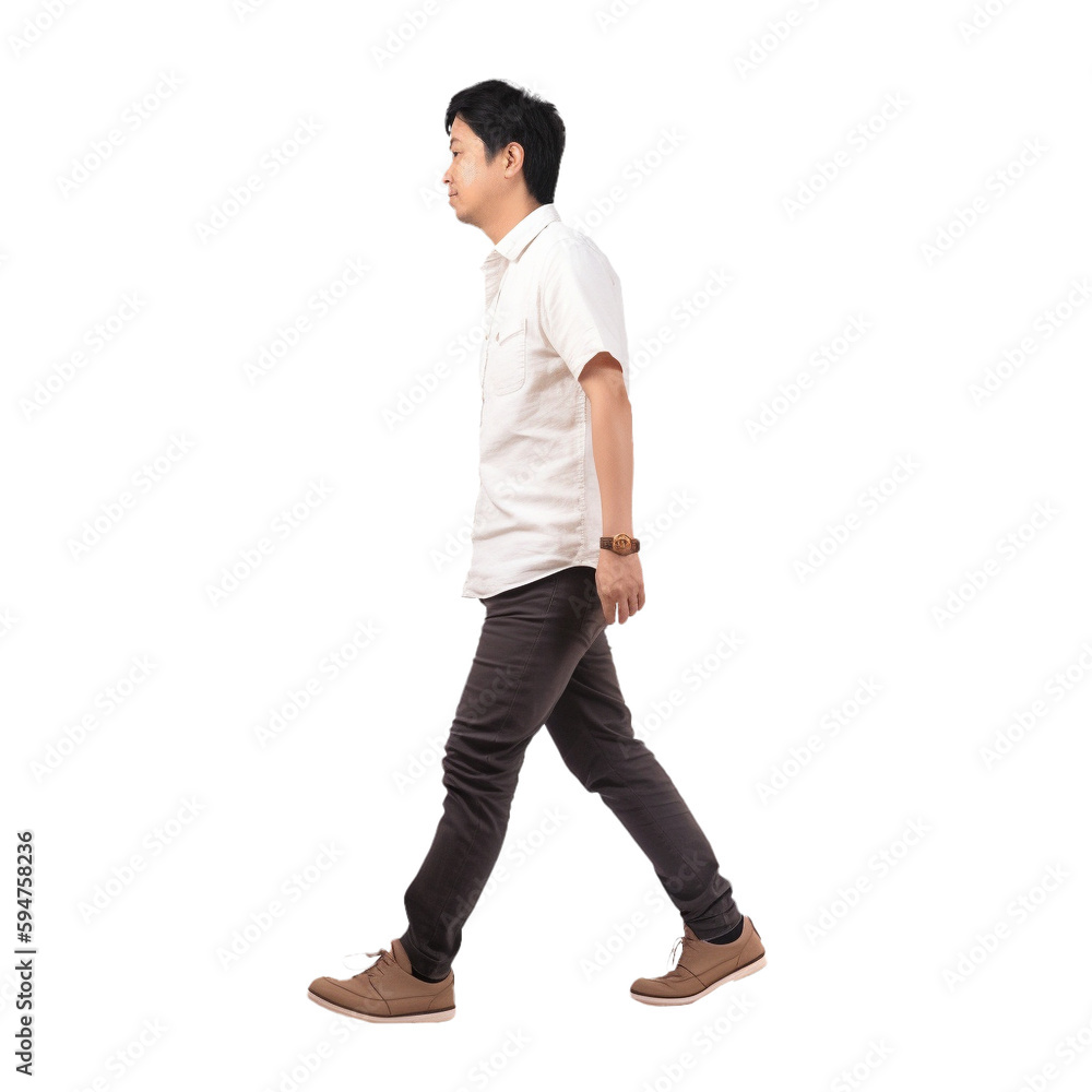 Asian man walking in comfort outfit. Full body isolated on transparent ...