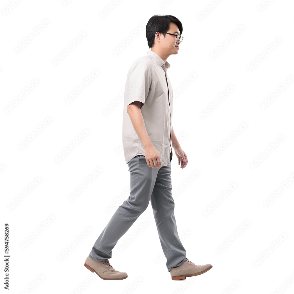 Asian man walking in comfort outfit. Full body isolated on transparent ...