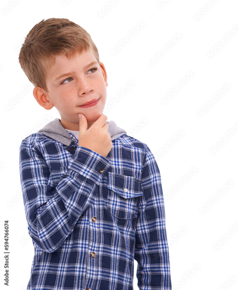 Thinking, curious and boy child with idea on isolated, png and ...