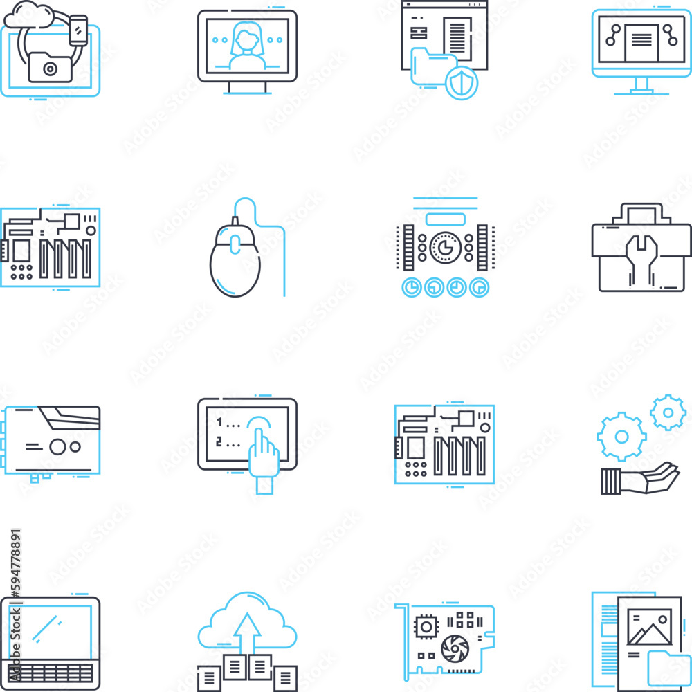 Video tools linear icons set. Edit, Record, Stream, Encode, Cut, Merge ...
