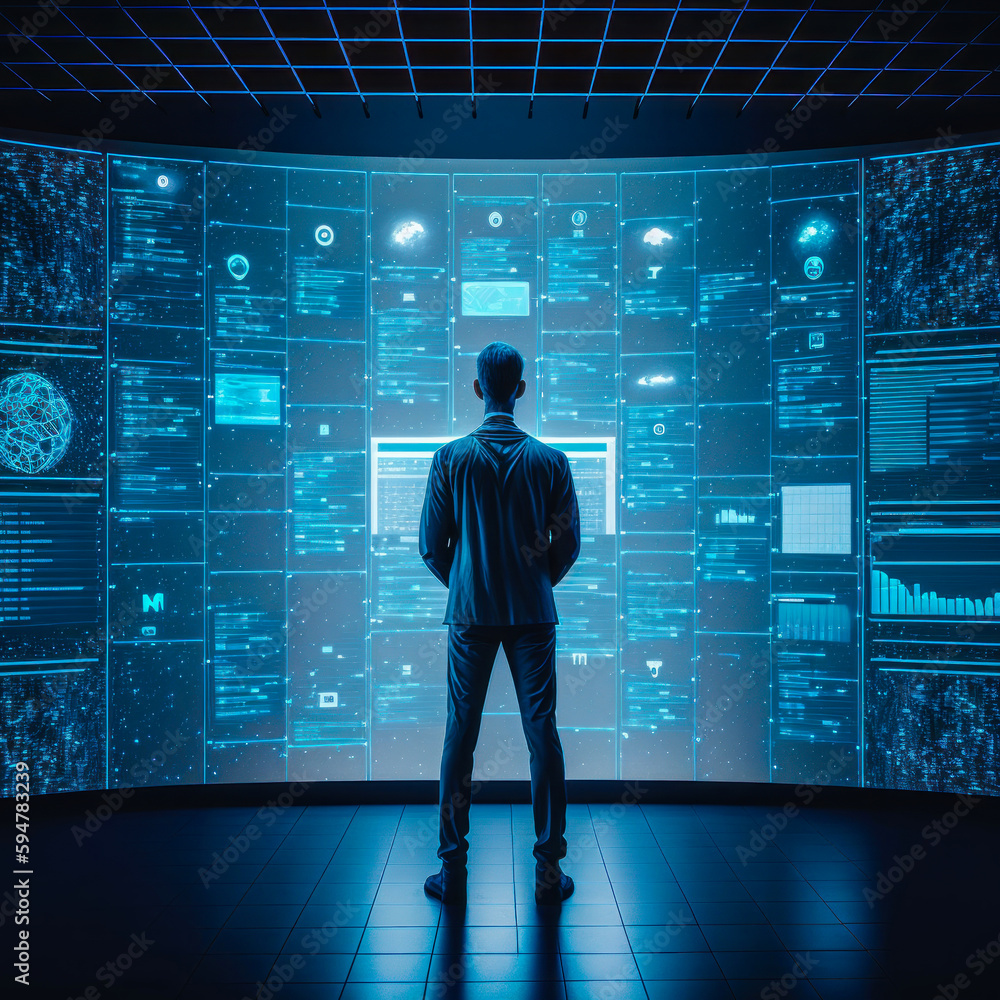Person standing in front of a wall of holographic screens displaying ...