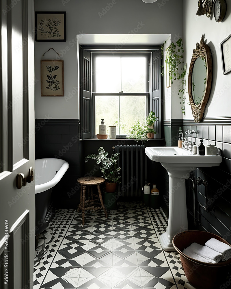 Vintage, old fashioned, retro bathroom in black and white with a ...