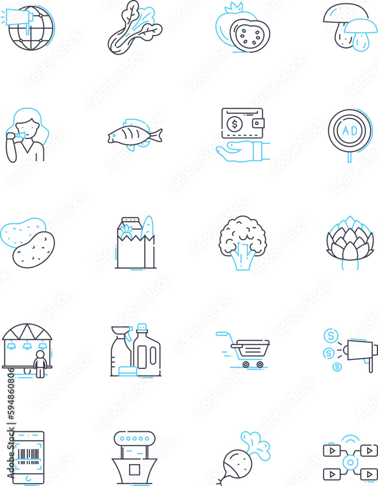 Food items linear icons set. Avocado, Bacon, Bread, Broccoli, Burgers ...