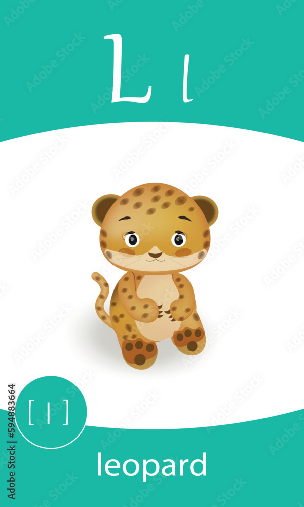 English alphabet flash card. Letter L study - leopard. Kids ABC cards ...