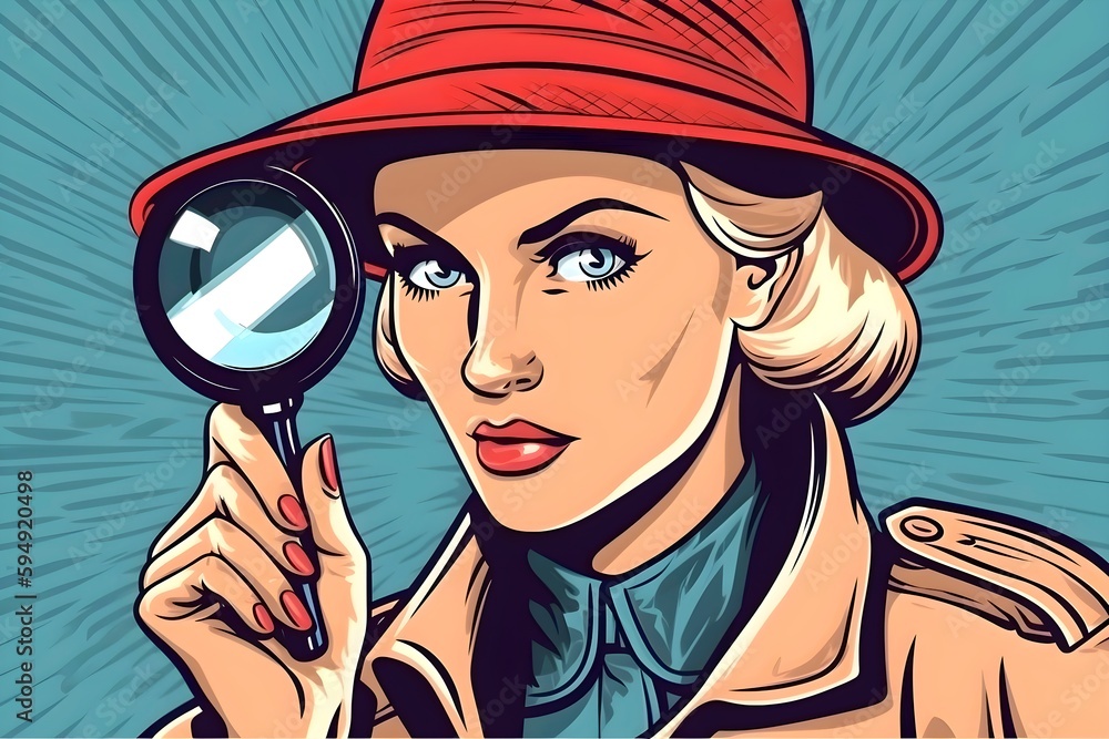 woman is a detective looking through magnifying glass search. Vector ...