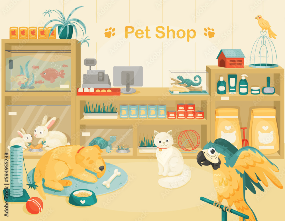 Pet Shop Illustration for kids. Pet supply store interior. Domestic ...