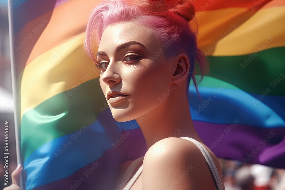 Beautiful lesbian model with pink hair and a rainbow flag at gay pride ...