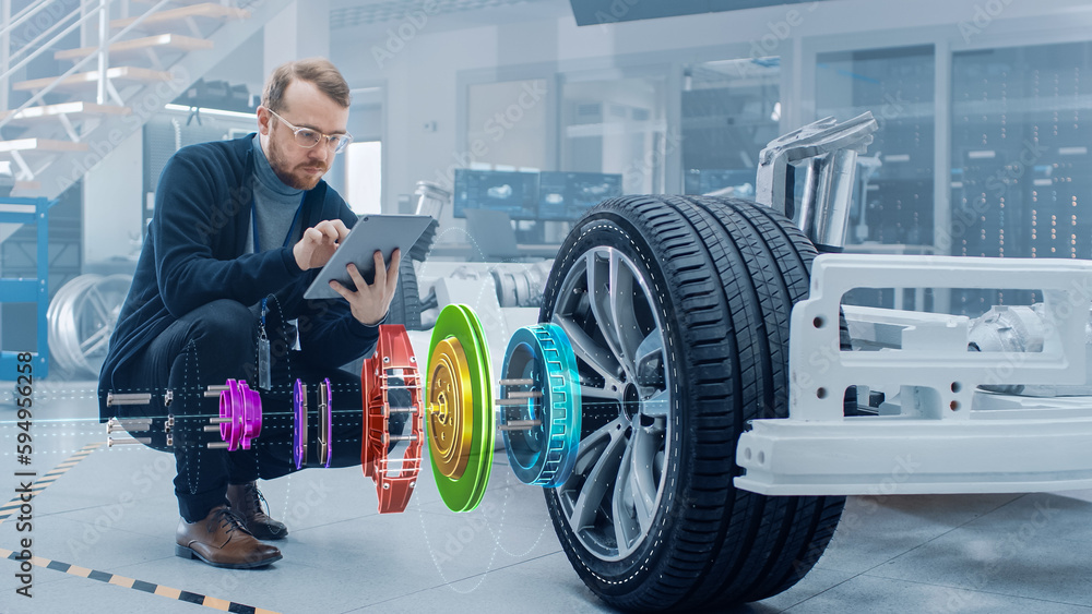 Automotive Engineer Working on Electric Car Chassis, Using Augmented ...