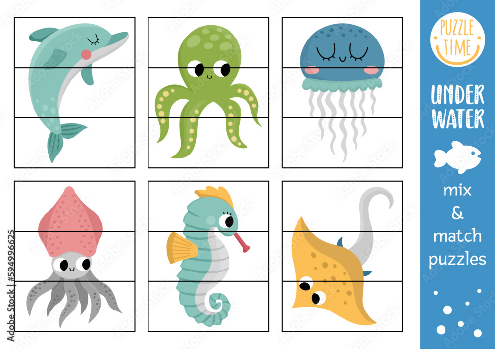 Vector under the sea mix and match puzzle with cute characters ...