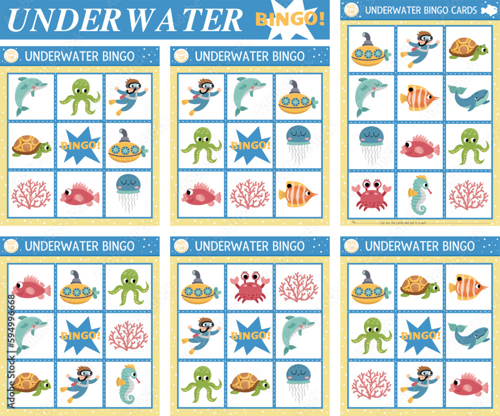Vector under the sea bingo cards set. Fun family lotto board game with ...