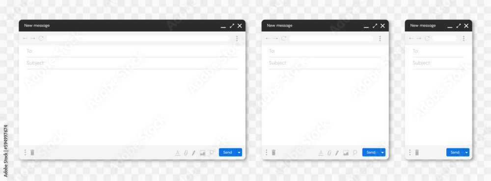 Mail window template set for laptop, tablet and phone. Internet mail ...