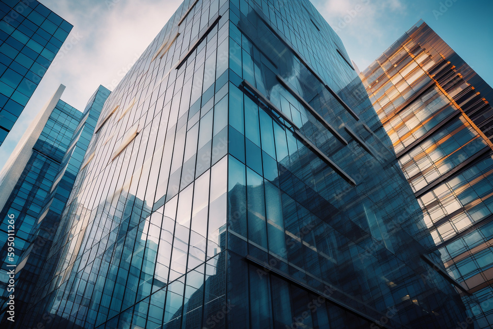 Reflective skyscrapers, business office buildings. Low angle ...