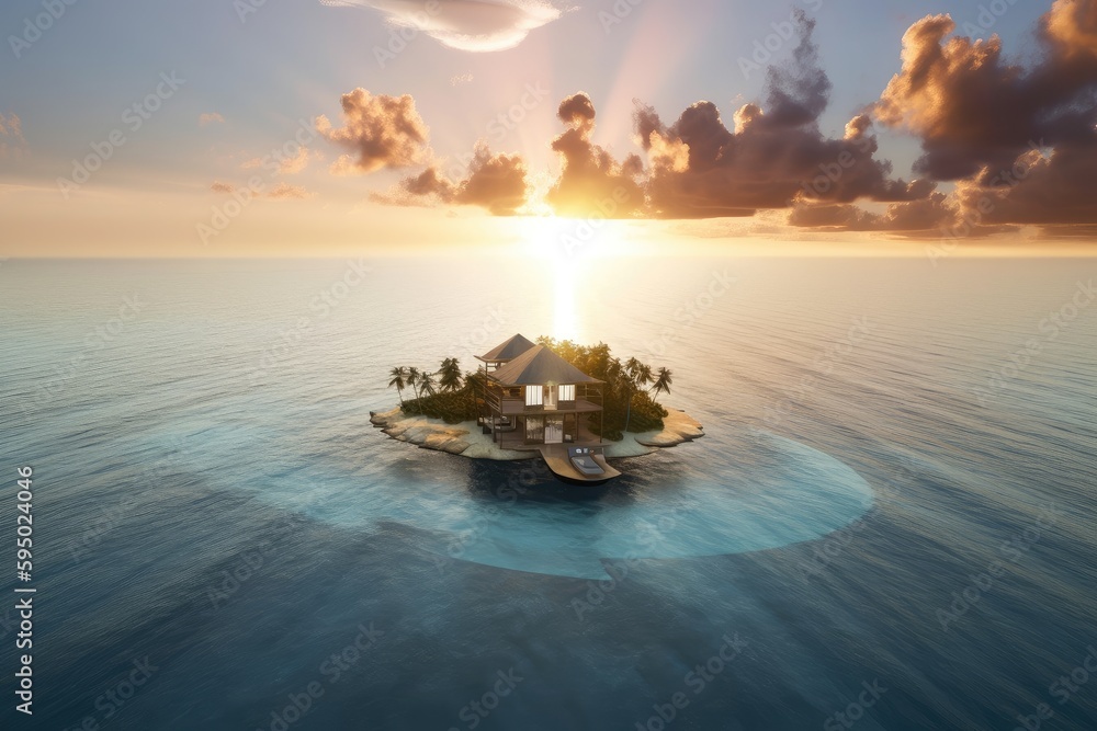 floating island surrounded by undulating waves and tropical sunsets ...