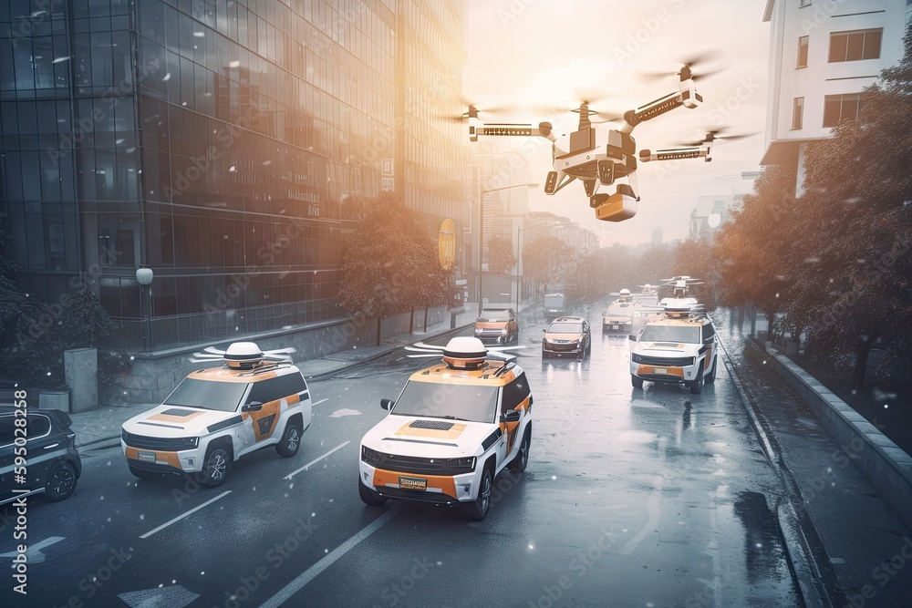 emergency vehicle with sirens blaring, surrounded by swarm of ...