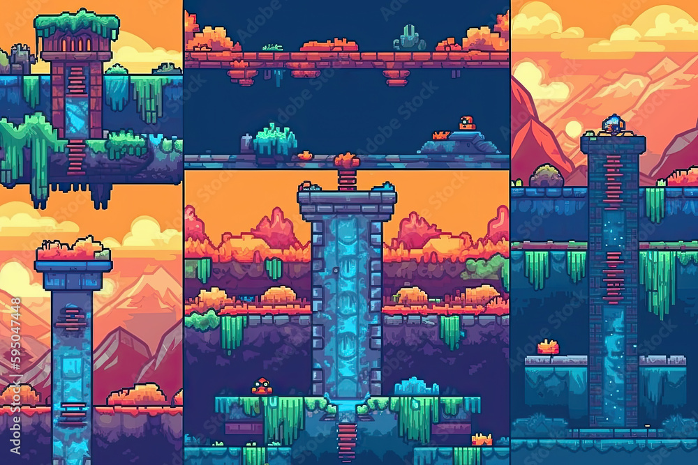 Pixel art video game level with underground station, background for ...