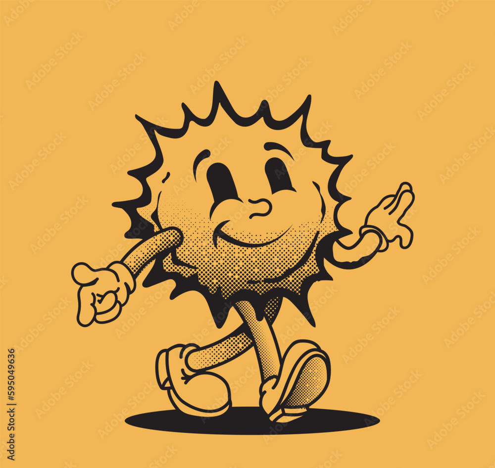 Retro styled smiled funny sun cartoon character on walk for t-shirt or ...
