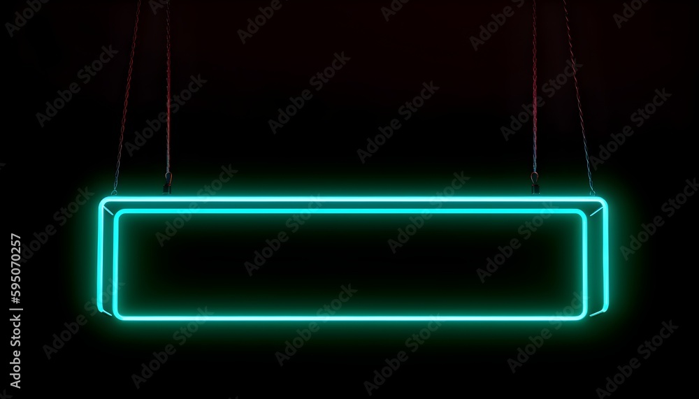 Hanging bright green rectangle neon light sign, background and backdrop ...