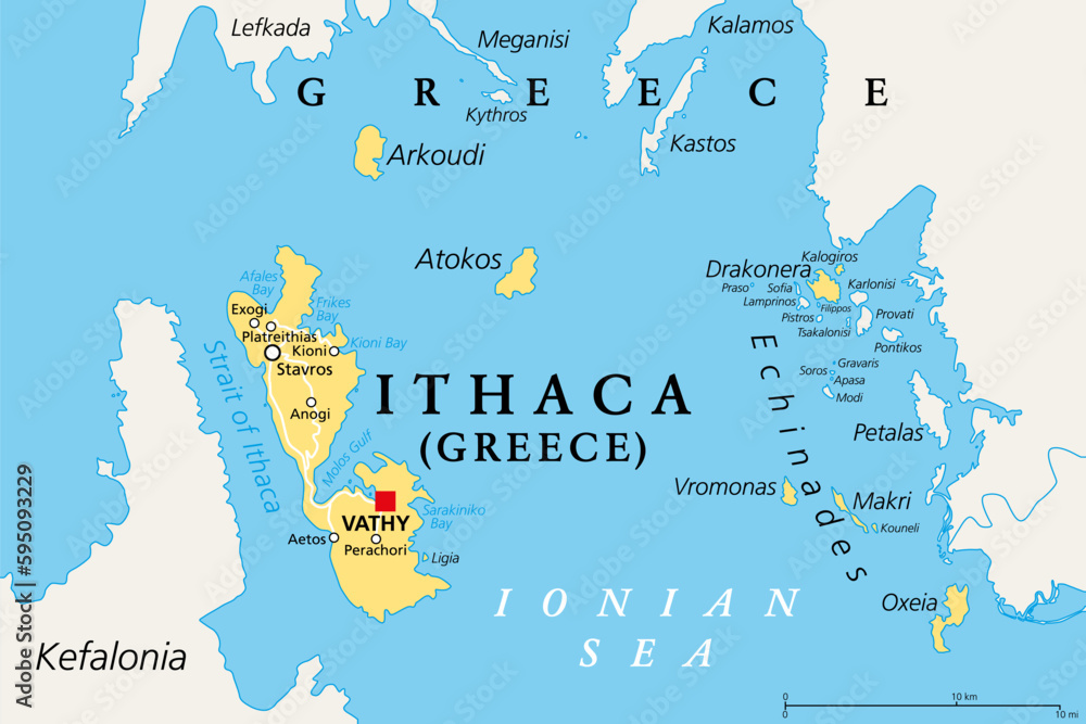 Ithaca, regional unit, political map. Part of Ionian Islands in Greece ...