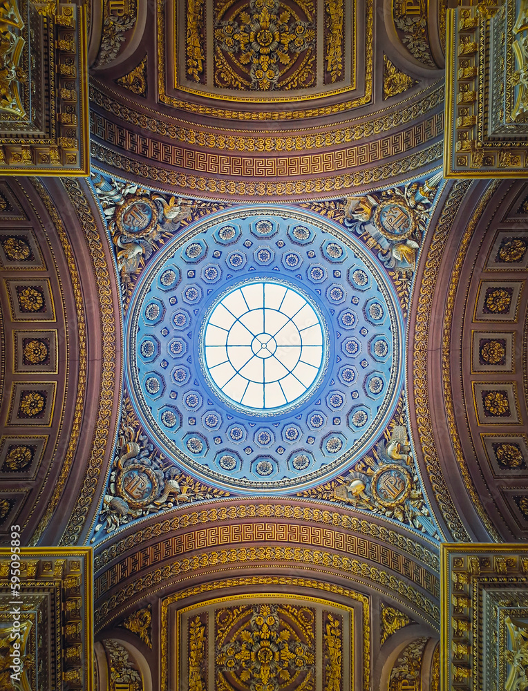 View underneath the glass dome and golden ornate ceiling, architectural ...