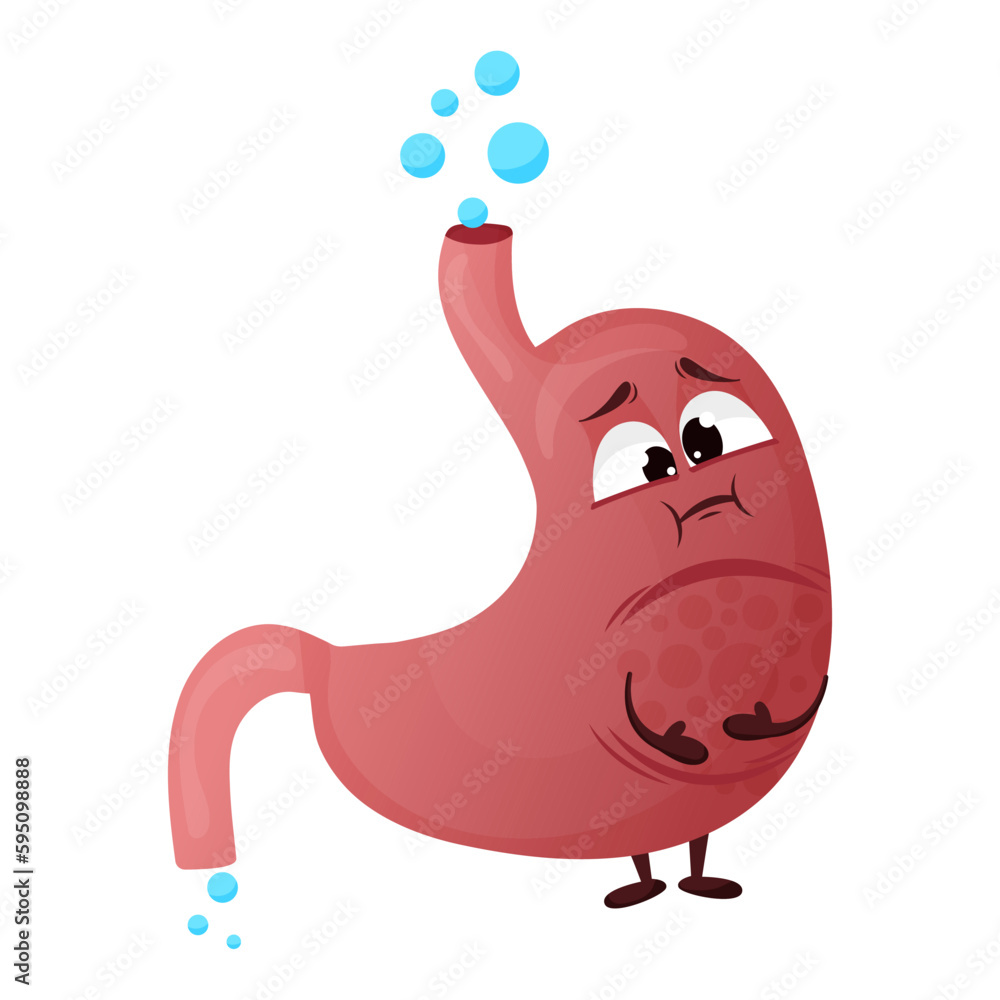 Cartoon stomach character. Concept diseased internal organ, bloating ...