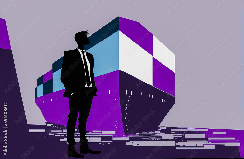 Illustration of a person in a business suit in front of a cargo ship ...