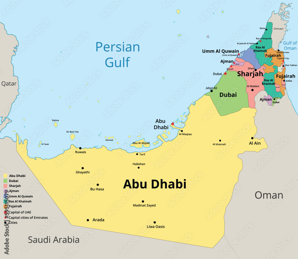 UAE map flat vector with high details. United Arab Emirates political ...