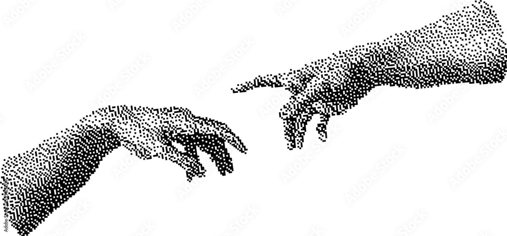 Pixel art, collage hands reaching out in touch, creation scene. Retro ...