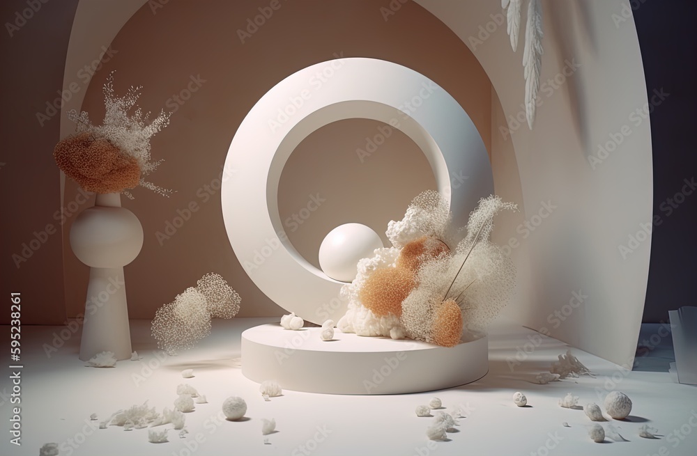 a white object standing in front of sand and flowers, in the style of ...