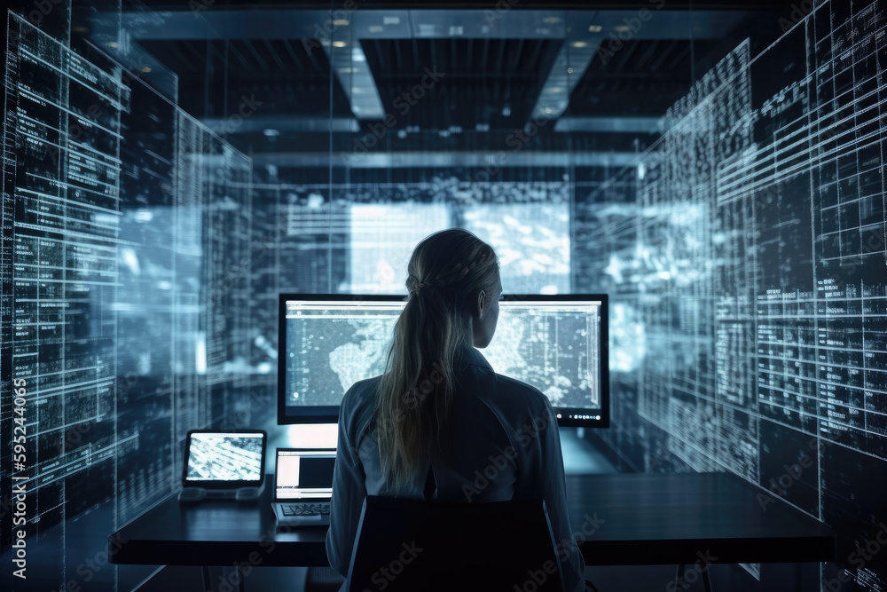 Confident government spy woman in futuristic command center with ...