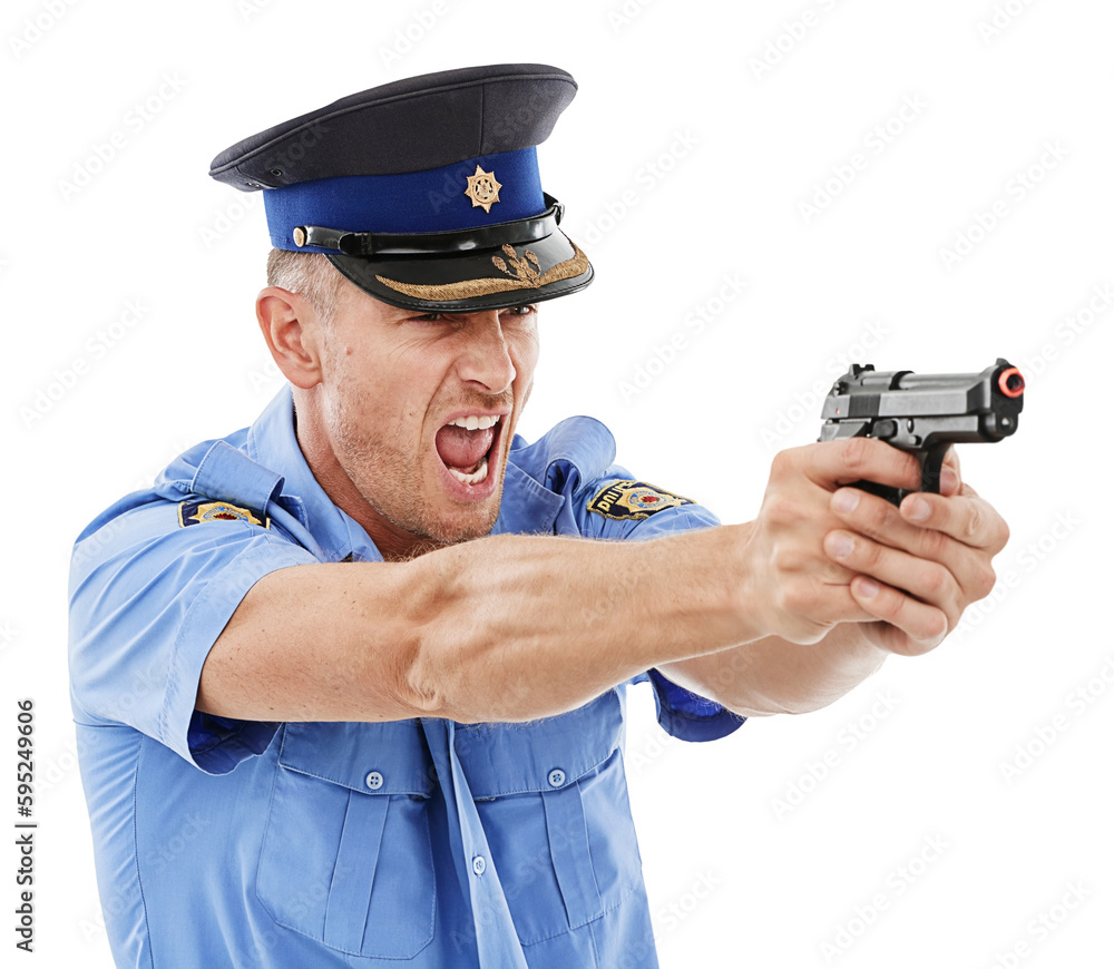Angry, police man and shooting gun isolated on a transparent png ...