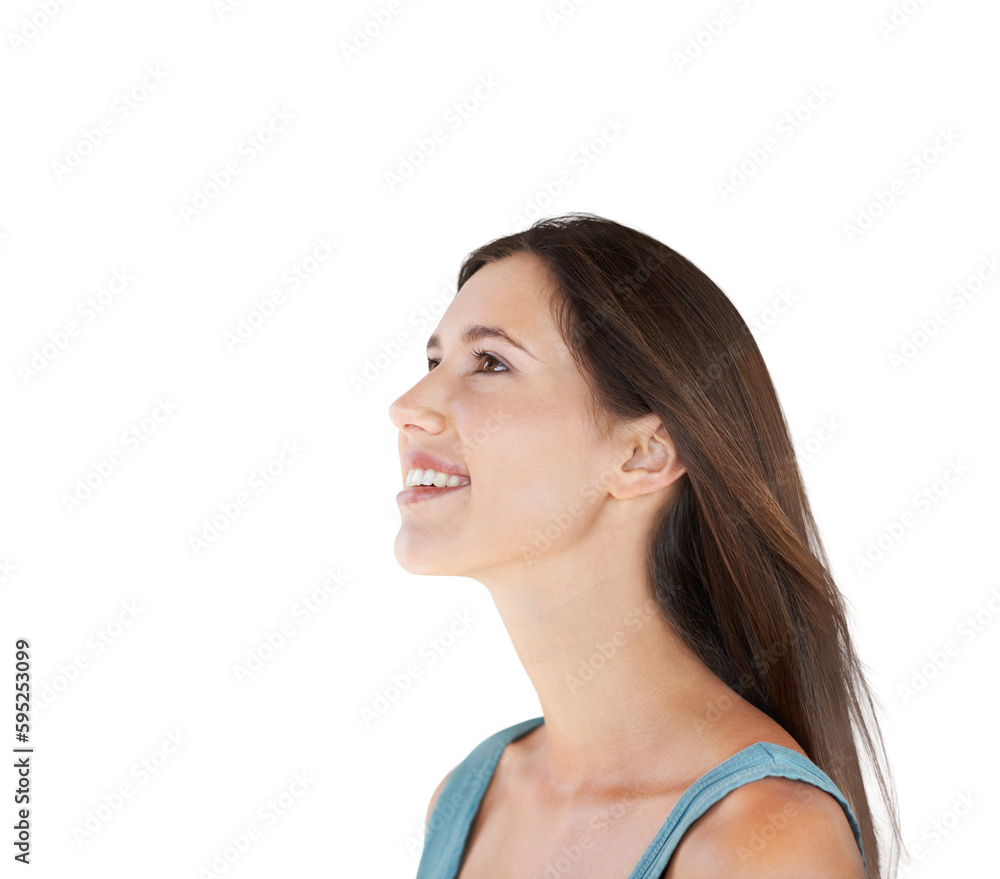 Thinking, idea and face of woman looking up on isolated, png and ...