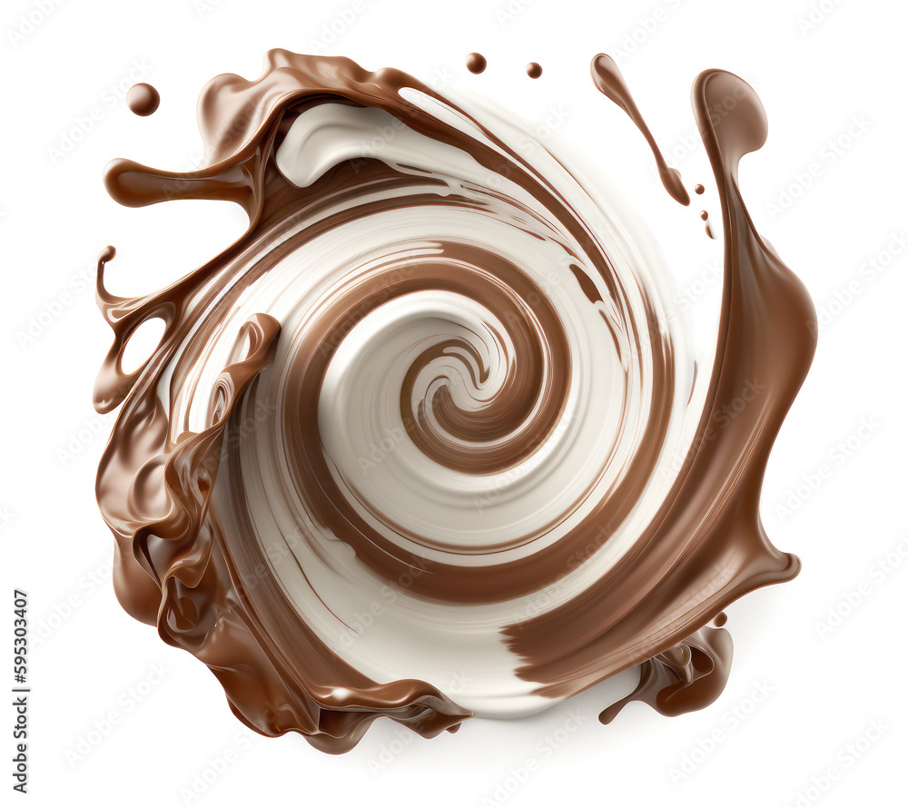 Chocolate and milk swirl and splash over white background, top view ...
