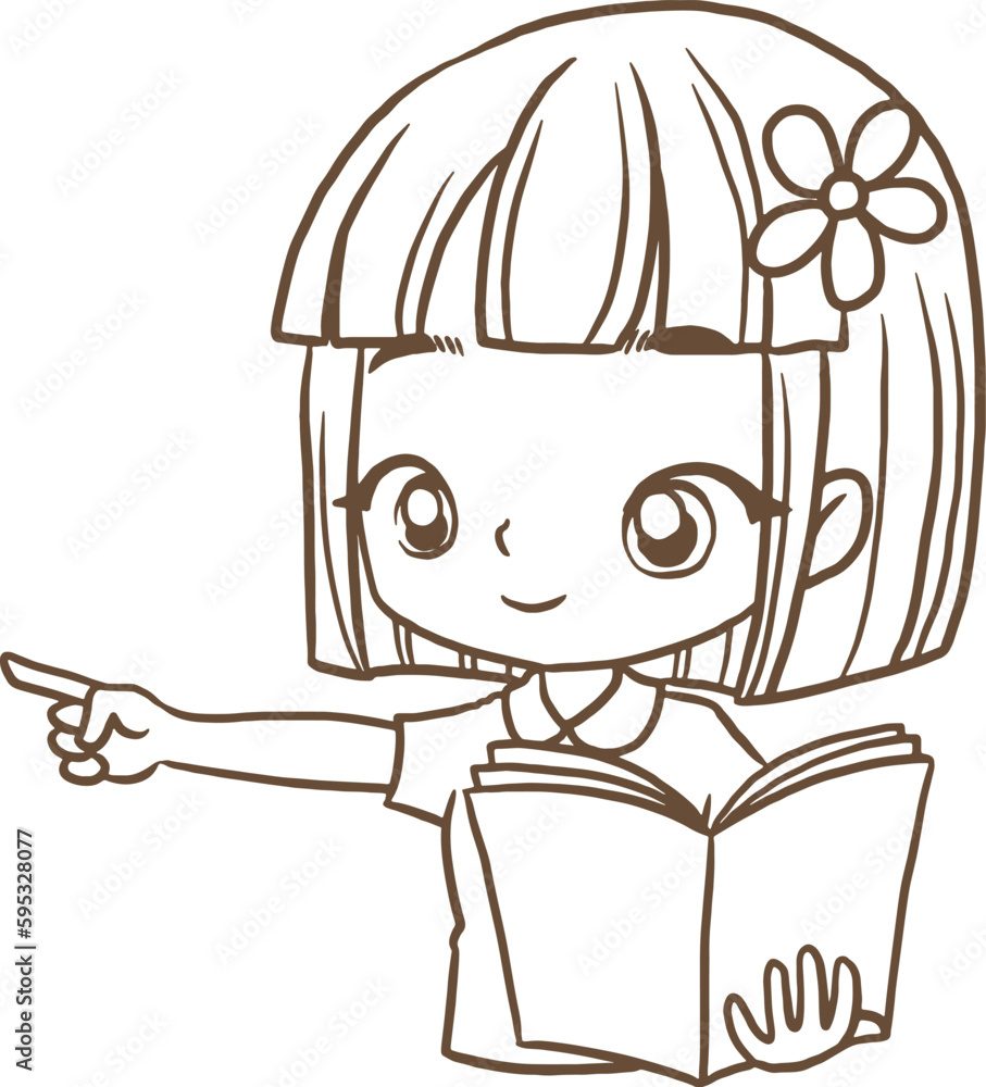 Girl reading book cartoon doodle kawaii anime coloring page cute ...