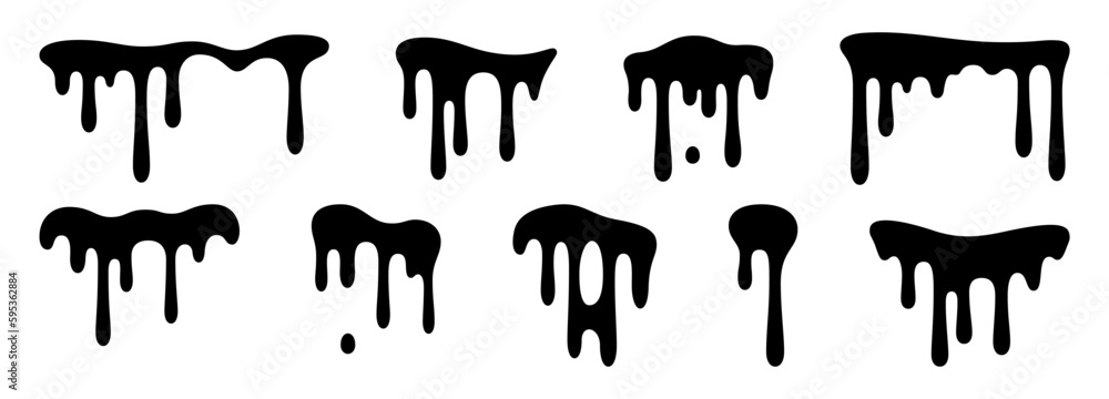 Drip paint. Drip paint silhouette set. Dripping liquid set. Vector ...