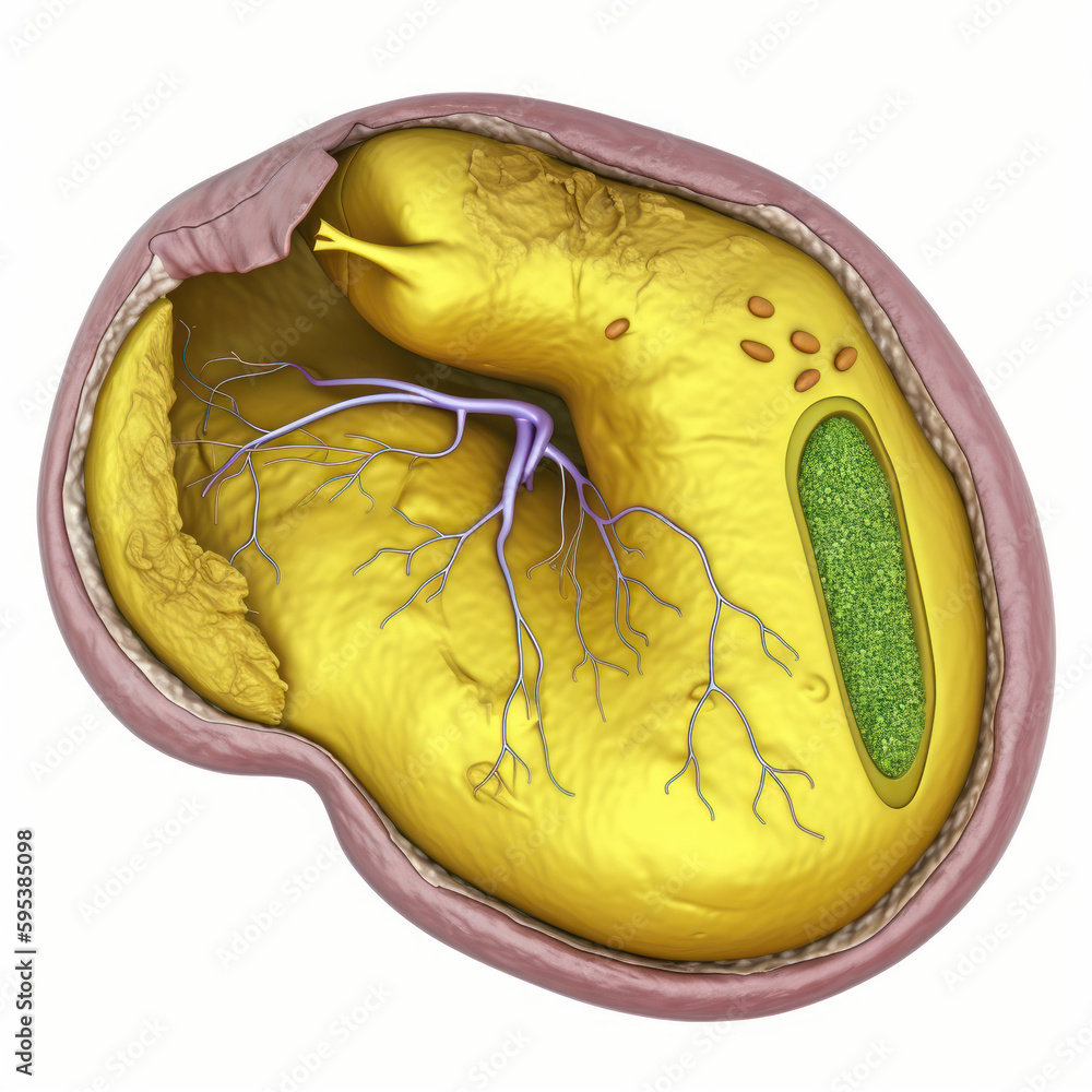 pancreas Human pancreas and gallbladder, 3D illustration showing ...
