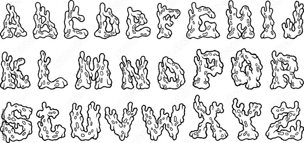 Liquid font. Alphabet, 3d Y2K bubble letters, typography 90s shapes ...