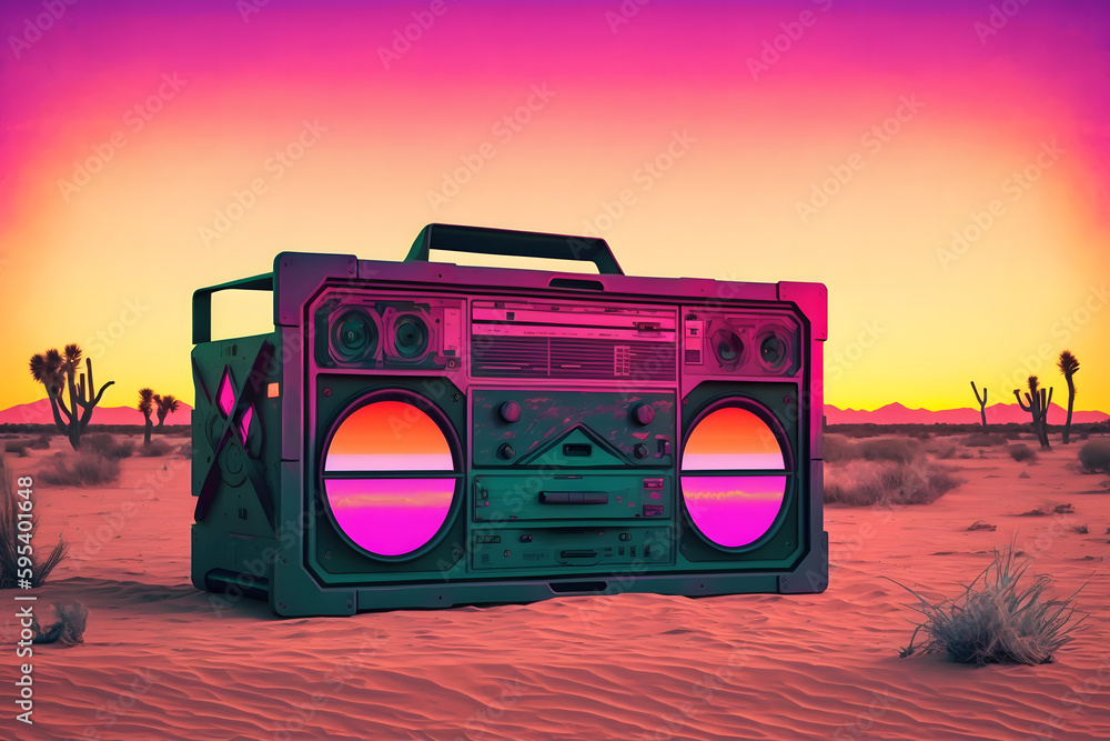Vintage radio boombox in the desert, retrowave, synthwave. Neural ...