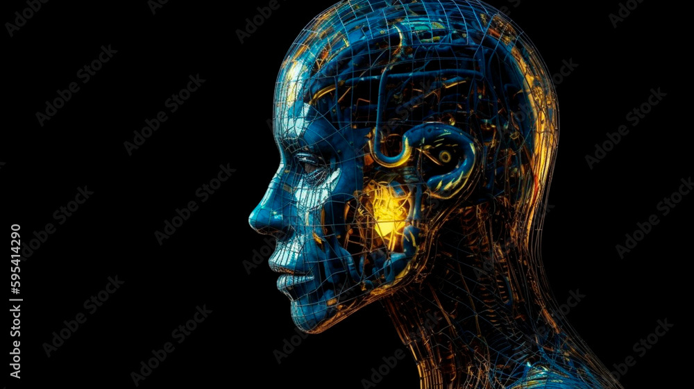 Side view of a humanoid head with blue and yellow eyes and vibrant neon ...