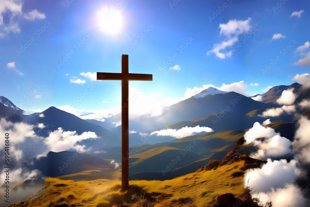 Cross on the mountain with sun light, faith, belief and spirituality ...