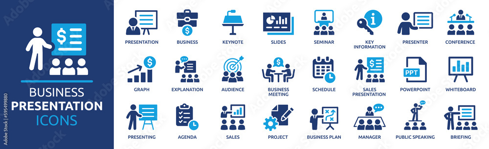 Business presentation icon set. Containing seminar, sales presentation ...