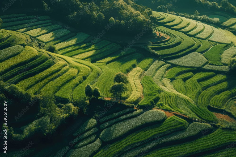 Ilustrace Aerial photography of mountains with rice plantations ...