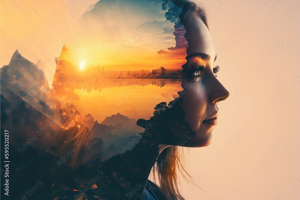 Double exposure image woman portrait with the orange sunset for ...