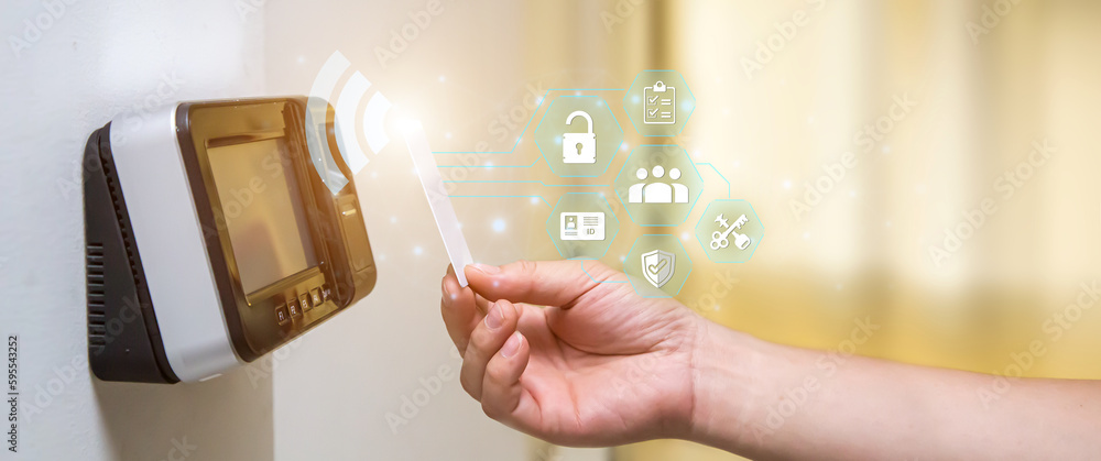 Proximity card reader door unlock, Hand security man using ID card on ...