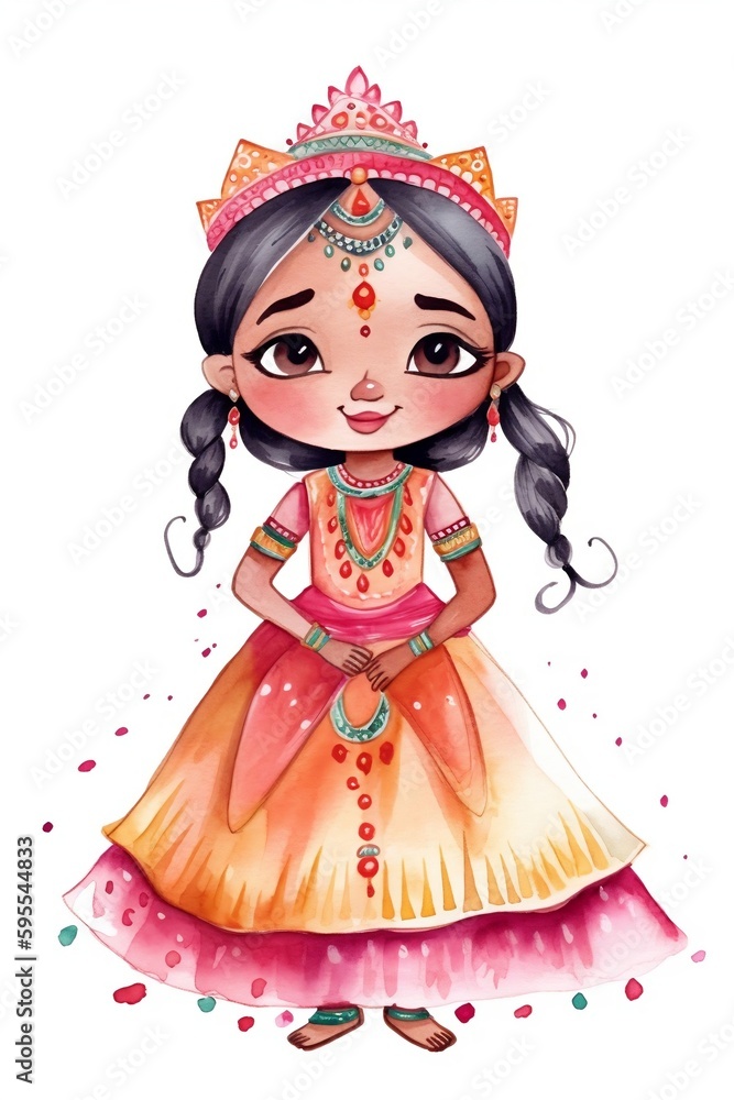 beautiful watercolor indian princess, fairytale, clipart illustration ...