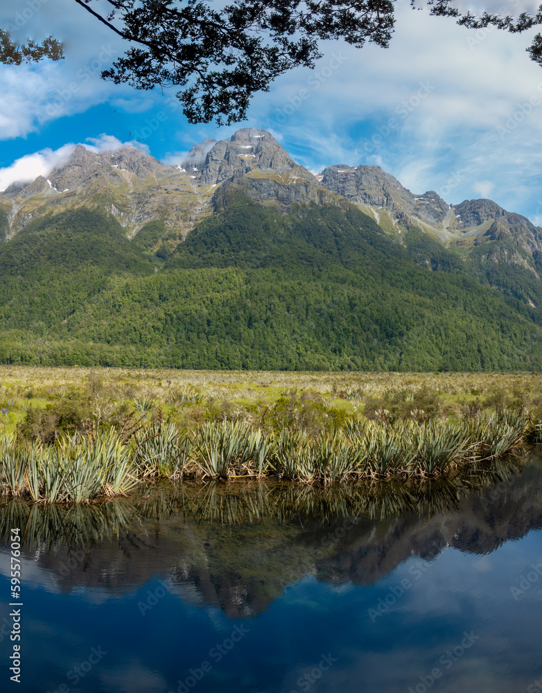 Mirror lake and Earl Mountains along State Highway 94 between Te Anau ...