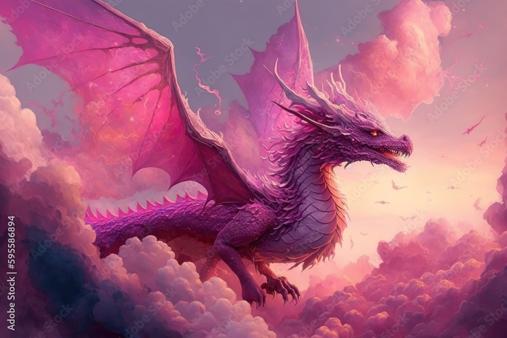 enchanting pink dragon flying through the clouds with its wings ...